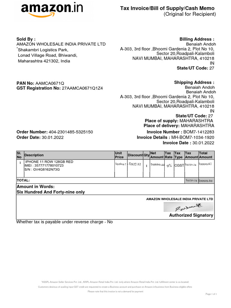 iPhone 11 Invoice from Amazon India | PDF | Invoice | Value Added Tax
