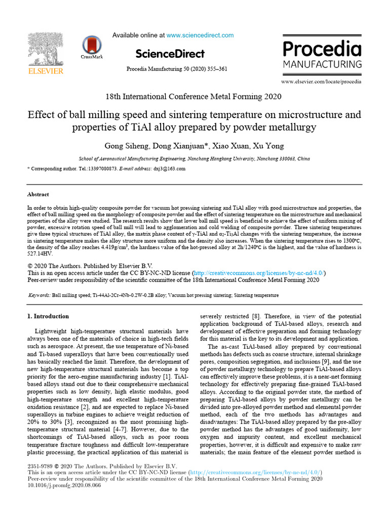 TiAl Alloy Properties: Milling & Sintering Effects | PDF | Sintering ...