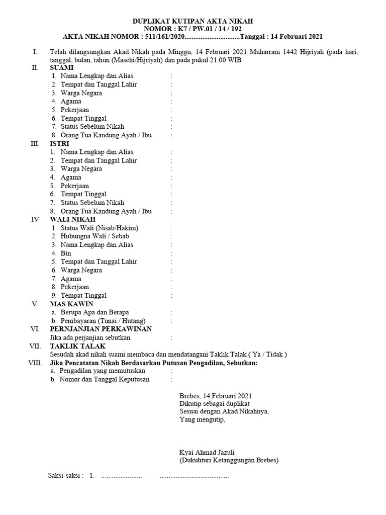 Duplikat Kutipan Akta Nikah Kosong | PDF