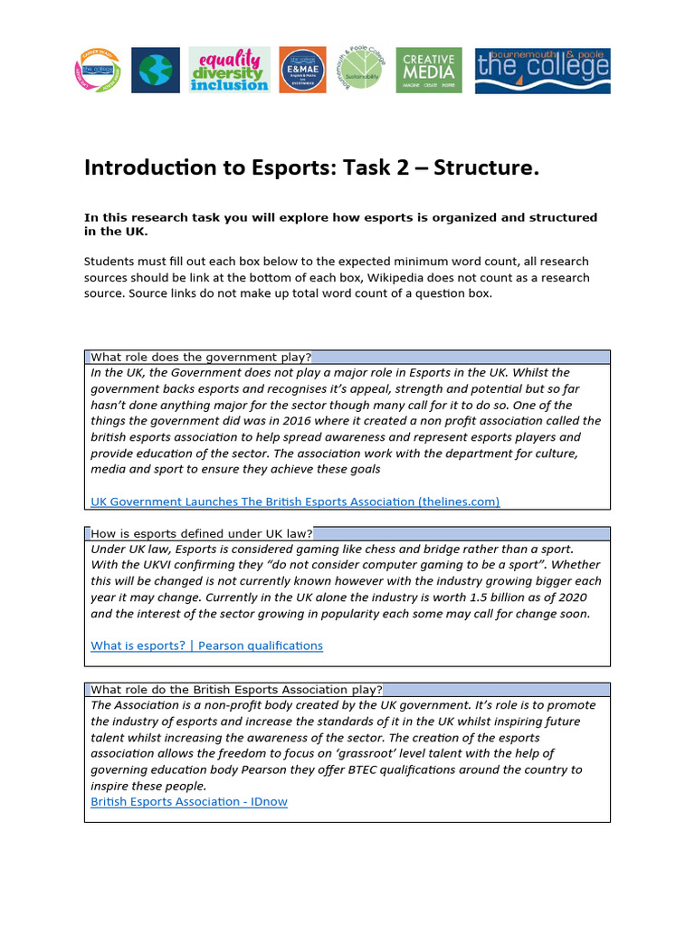 Introduction To Esports Research Task 2 | PDF | Sports | Entertainment