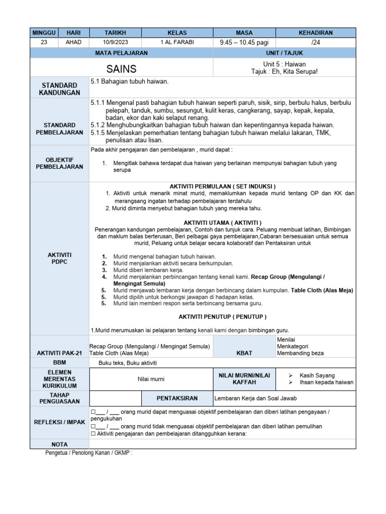 RPH SAINS TAHUN 1 UNIT 5 | PDF