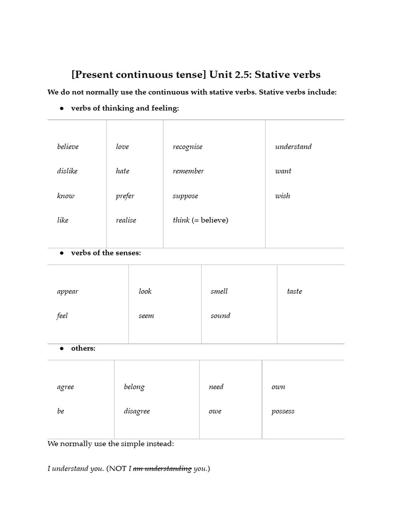 (Present Continuous Tense) Unit 2.5 - Stative Verbs | PDF | Language ...