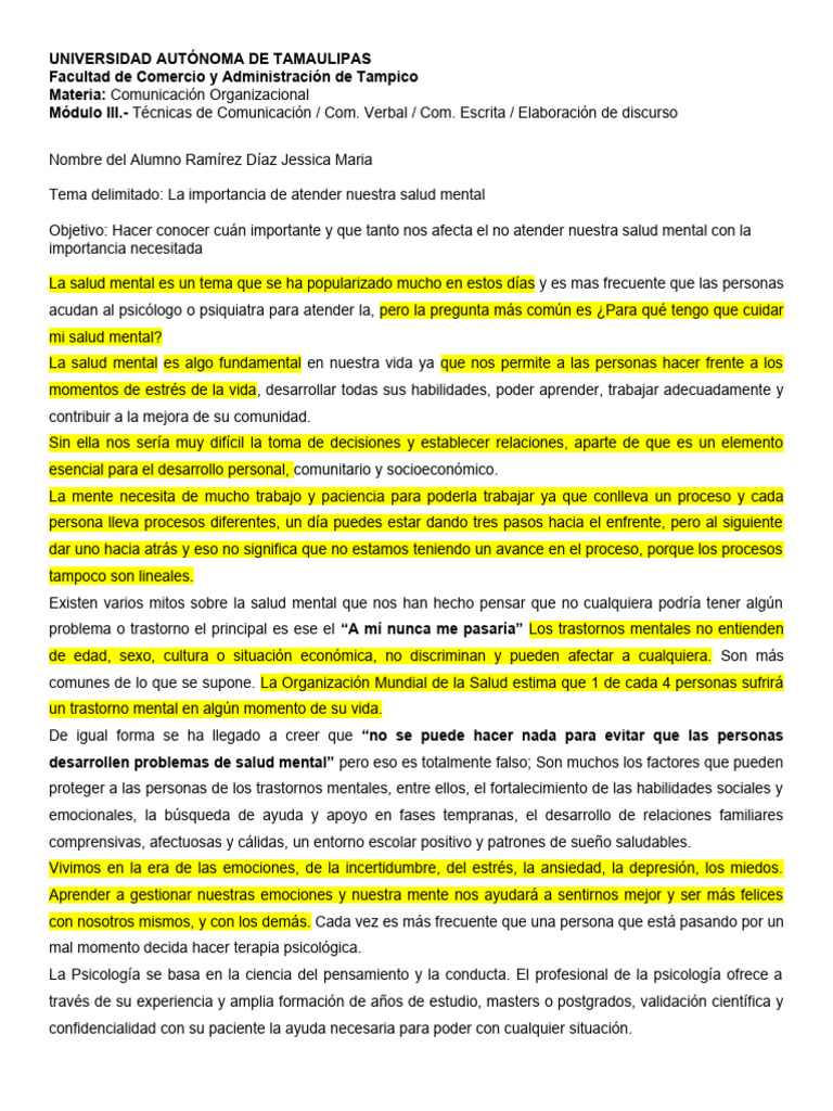 Discurso Sobre La Salud Mental | PDF | Mente | Salud mental