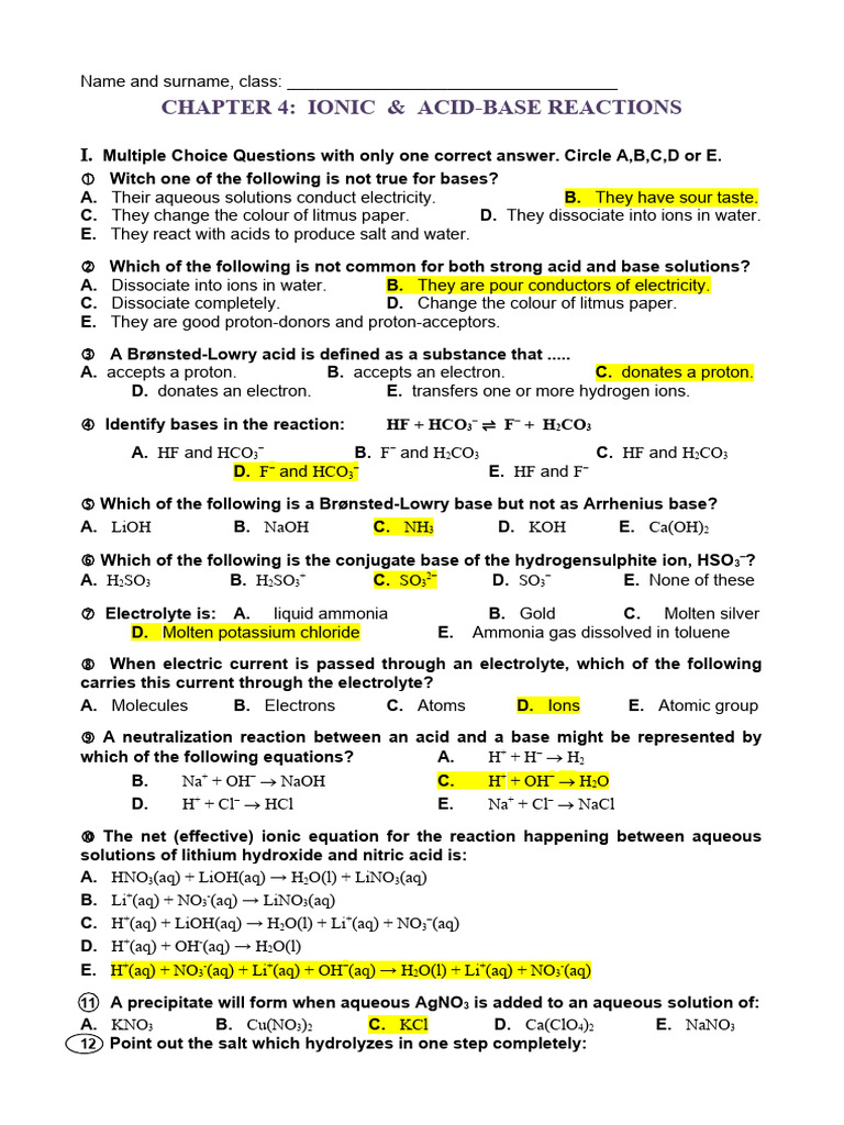 WORK SHEET - Ionic & Acid-Base Reactions | PDF | Acid | Ph