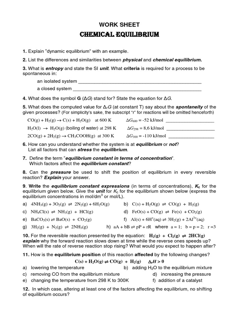 WORK SHEET - Chemical Equilibrium | PDF | Chemical Equilibrium ...