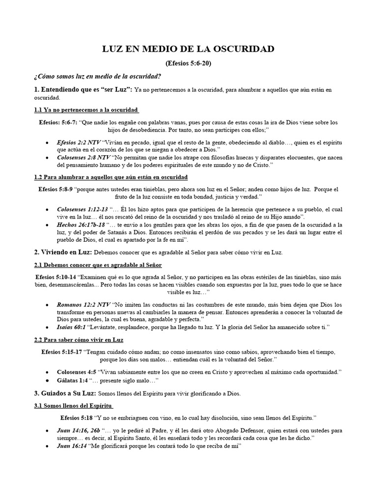 Tema - Efesios 5 6-20 - Somos Luz en La Oscuridad - Bosquejo | PDF | Cristo (título) | Pecado