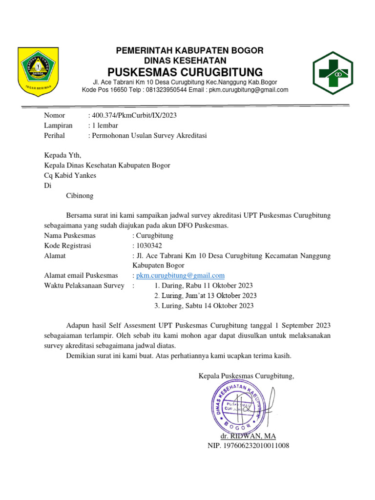 Surat Permohonan Usulan Survey Akreditasi Puskesmas Curugbitung | PDF