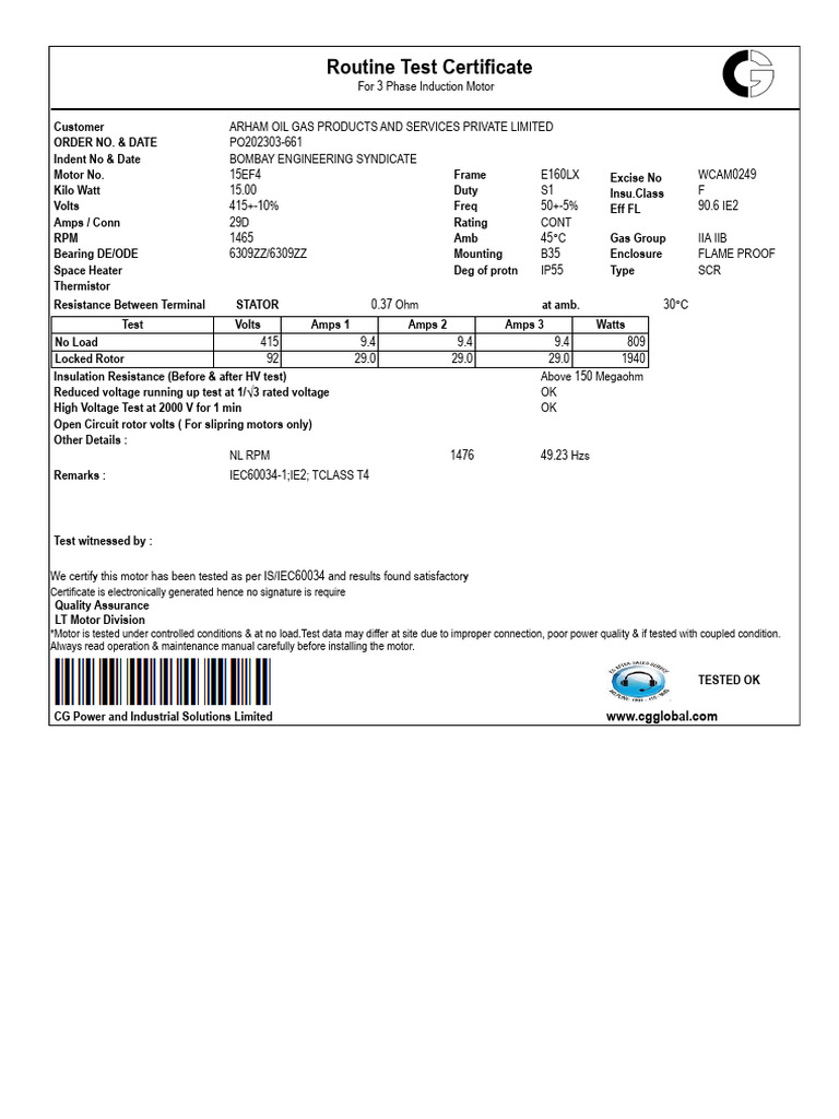 3-Phase Induction Motor Test Certificate | PDF | Electric Motor ...