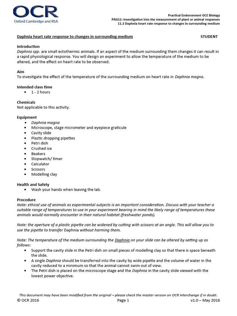 PAG11.2 Student Daphnia Heart Rate v1.0 1 | PDF | Temperature