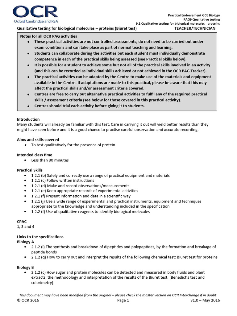 PAG9.1 Teacher Qualitative Testing Proteins - v1.0 | PDF | Materials ...