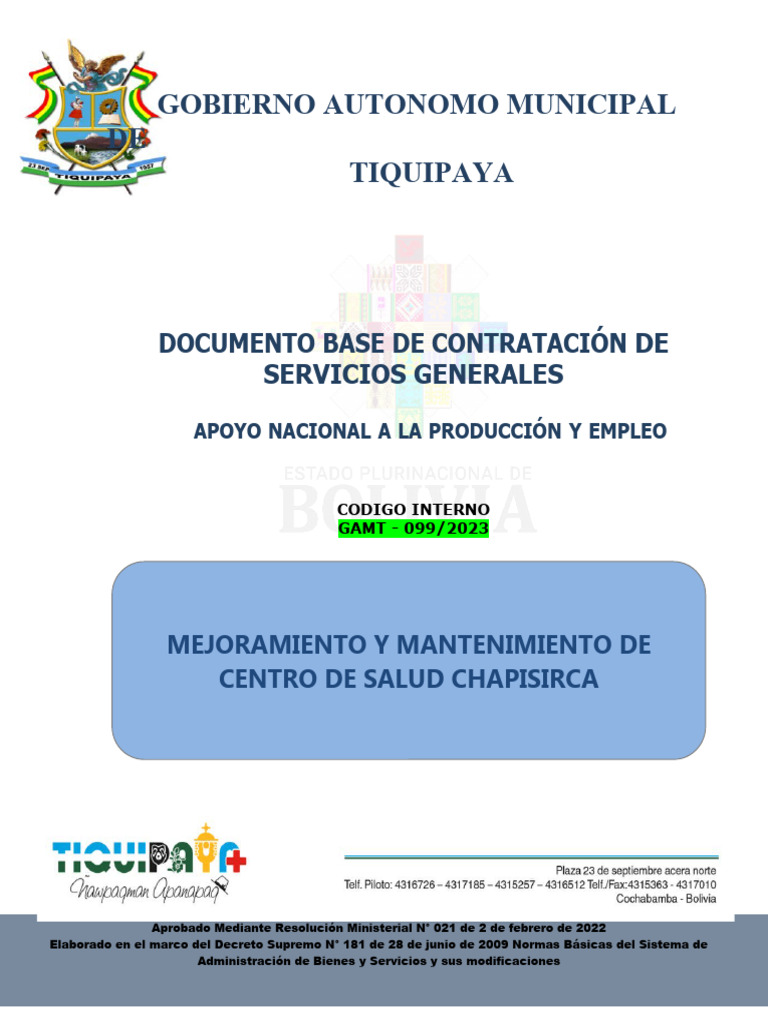 Gobierno Autonomo Municipal DE Tiquipaya: Documento Base de Contratación de Servicios Generales ...