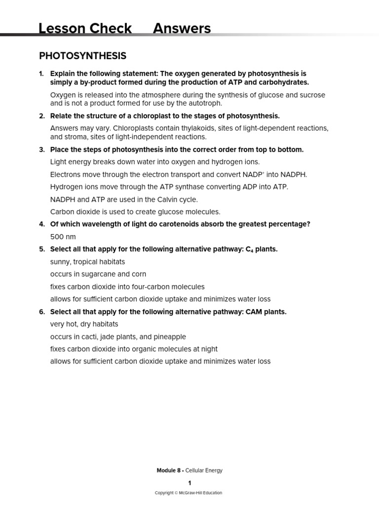 Lesson+Check+Answer+Key Photosynthesis | PDF | Technology & Engineering