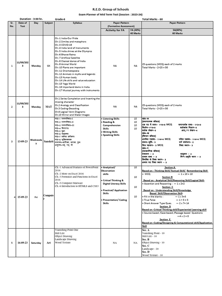Grade 6 Mid Term Exam Planner 2023-24 | PDF | Learning | Methodology