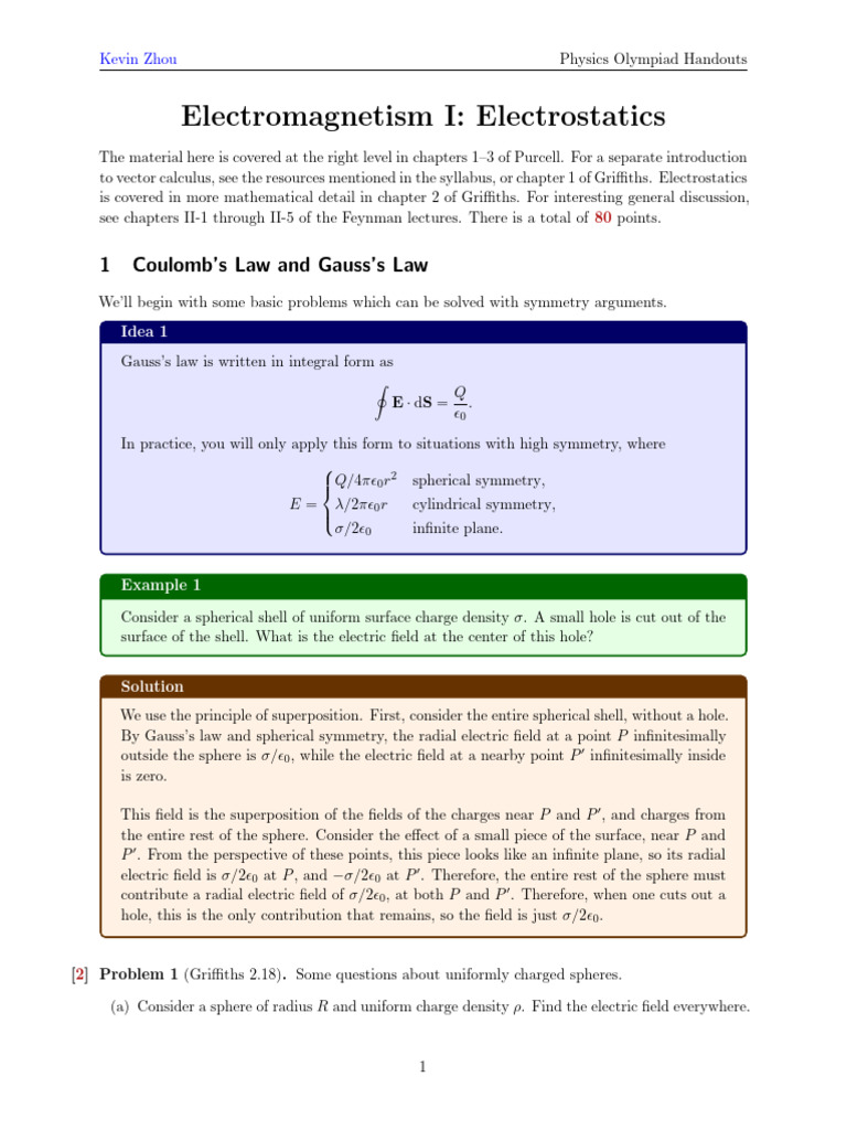 Electromagnetism I: Electrostatics: 1 Coulomb's Law and Gauss's Law | PDF | Sphere | Electric Field