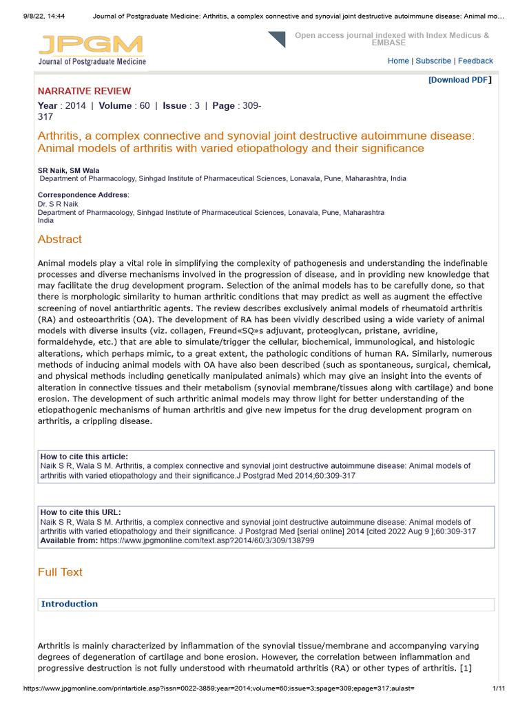 Animal Models of Arthritis With Varied Etiopathology and Their ...