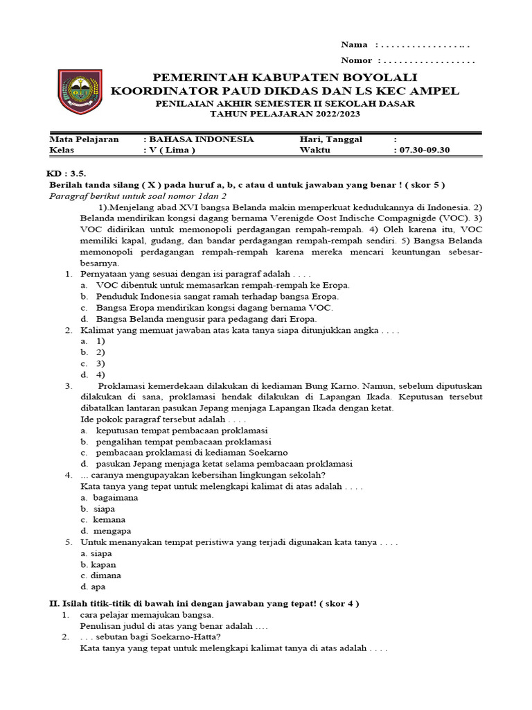 Soal B Indonesia Kls5 PAS2 SDN2NGENDENth2023 | PDF