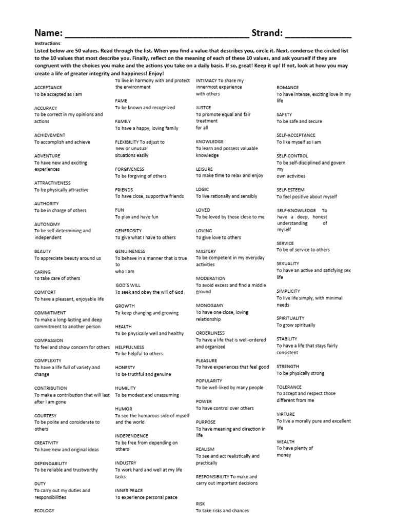 Values Activity Worksheet | Download Free PDF | Virtue | Psychology