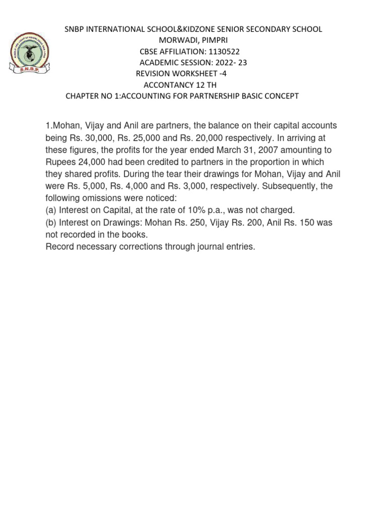 Grade XII Accountancy Chapter No. 1, Worksheet No. 4 | PDF
