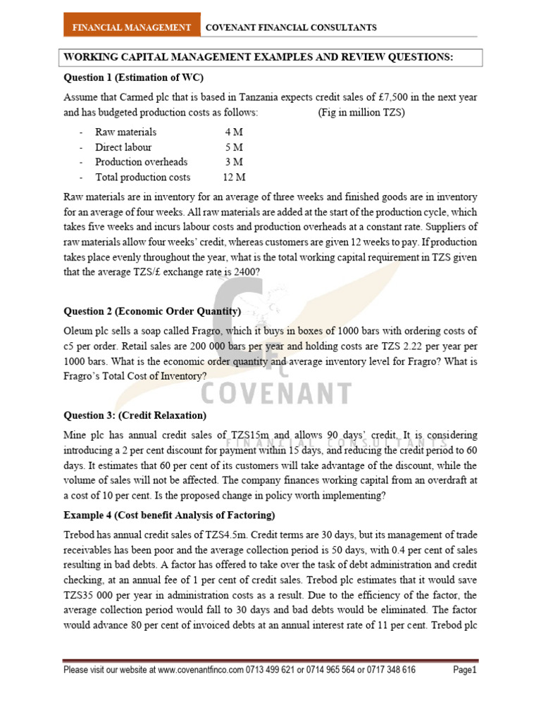 Working Capital Management Examples and Review Questions | PDF ...