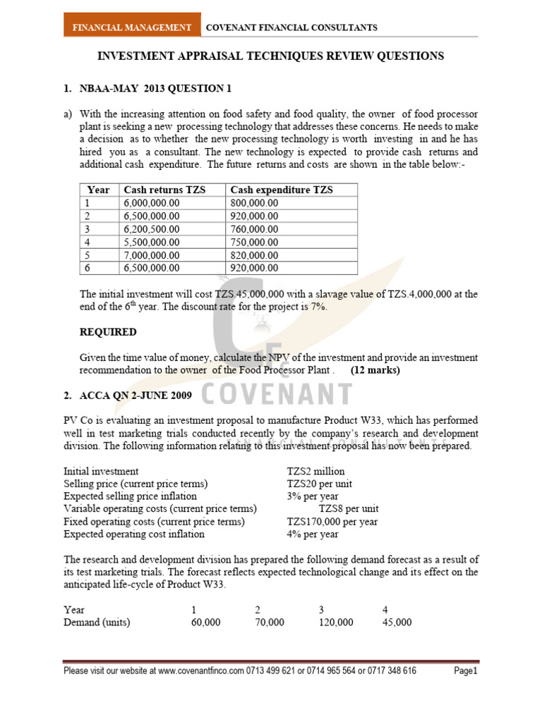 Investment Appraisal Review Questions | PDF | Net Present Value | Investing