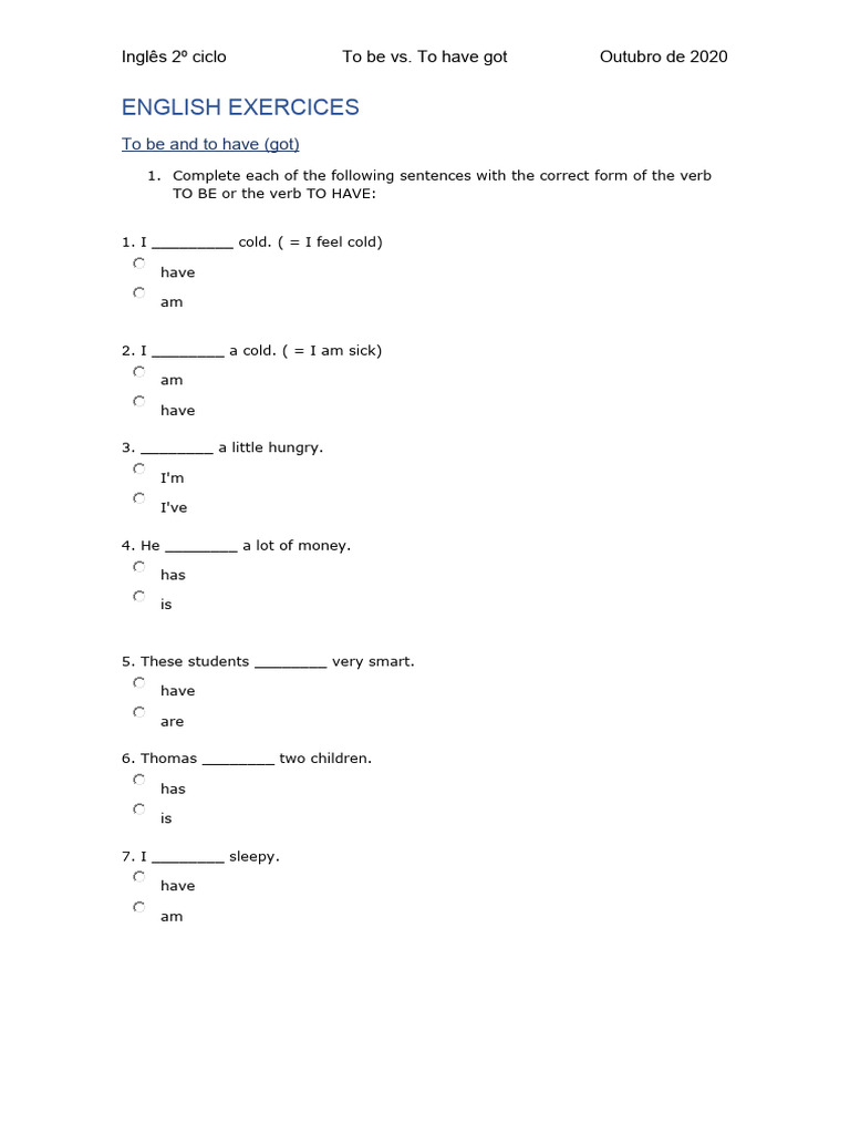 To Be vs. To Have Got Exercises | PDF