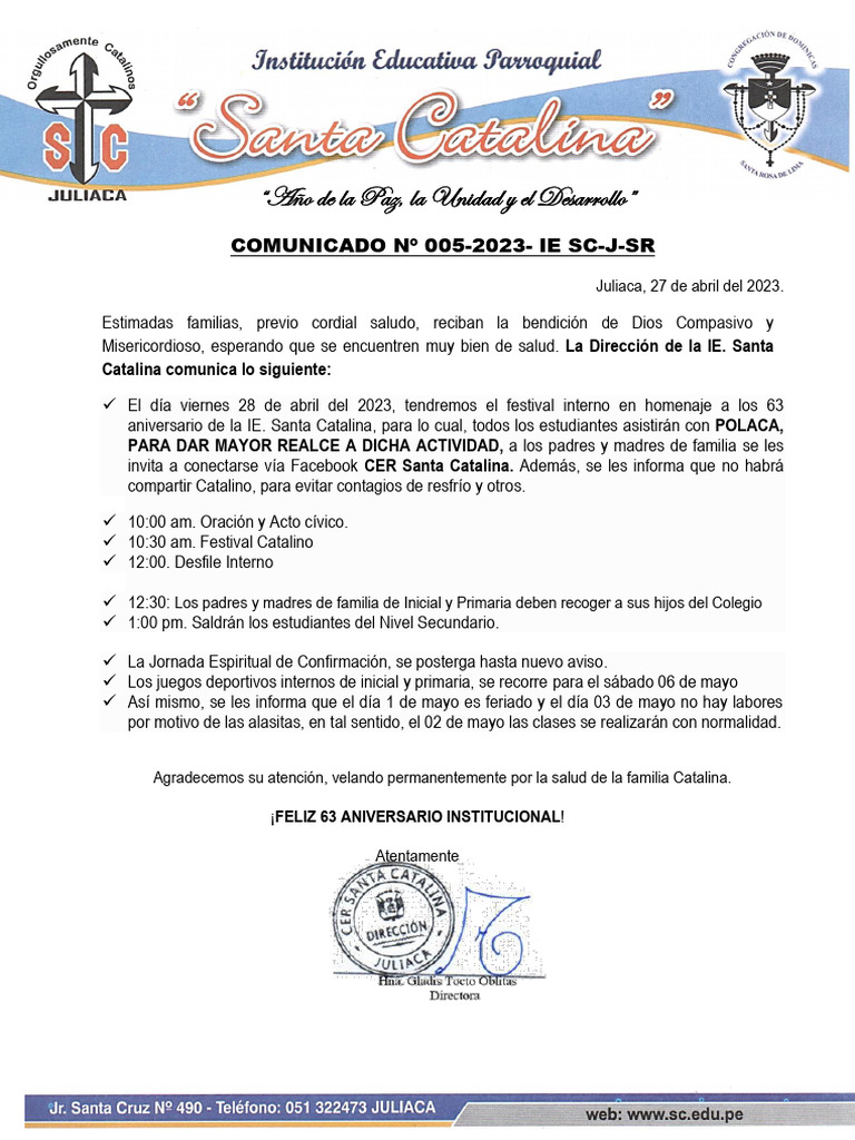 Comunicado #005-2023-Sobre El 63 Aniversario y Otros | PDF