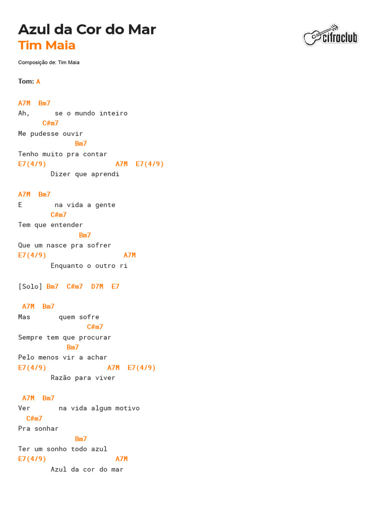 Cifra de "Azul da Cor do Mar" - Tim Maia | PDF