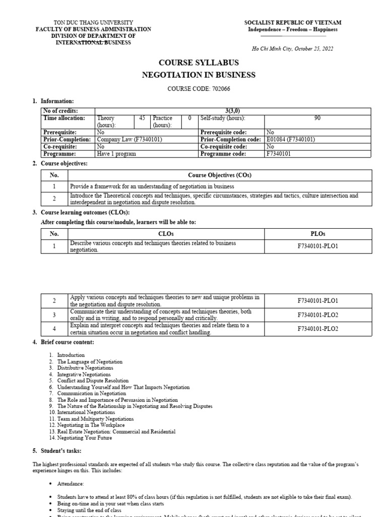 Subject Outlines - Negotiation in Business | PDF | Negotiation | Cognition