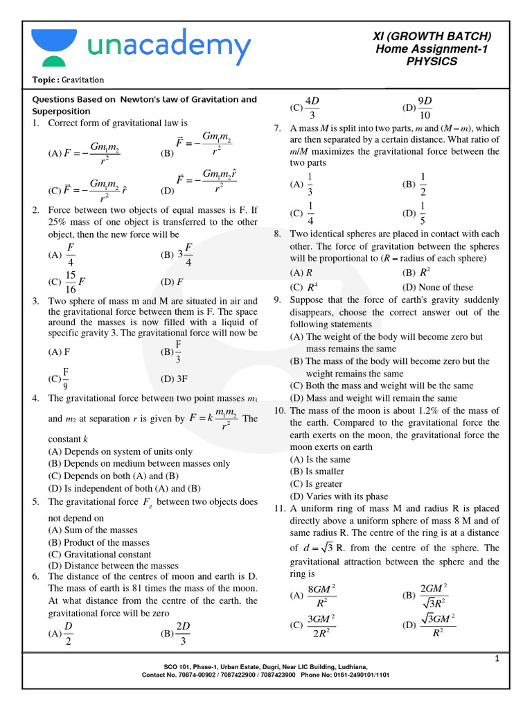 10+1 Home Assignment-1 Gravitation Physics Questions | PDF | Weight | Gravity