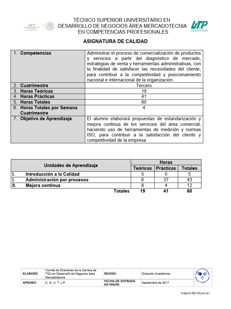 Hoja de Asignatura de Calidad | PDF | Marketing | Calidad (comercial)