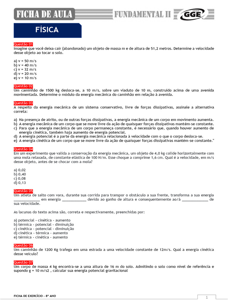 Exercícios de Física para 8º Ano | PDF | Ciências e Matemática