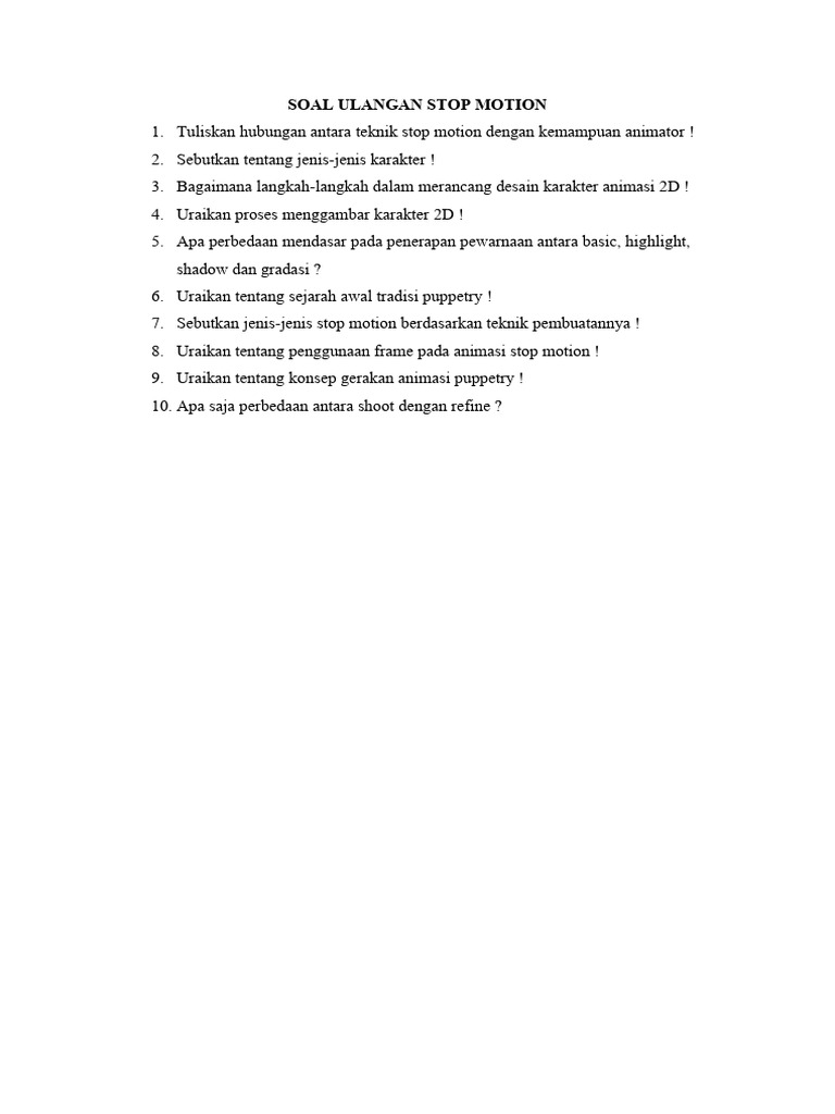 10 Soal Ulangan Stop Motion | PDF | Seni | Teknologi & Rekayasa