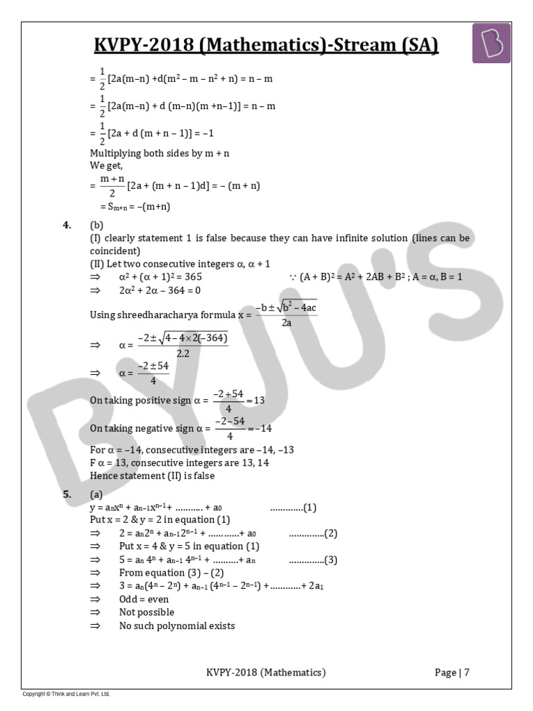 KVPY SA 2018 Maths Question Answerkey Solutions | PDF | Equations | Mathematical Objects