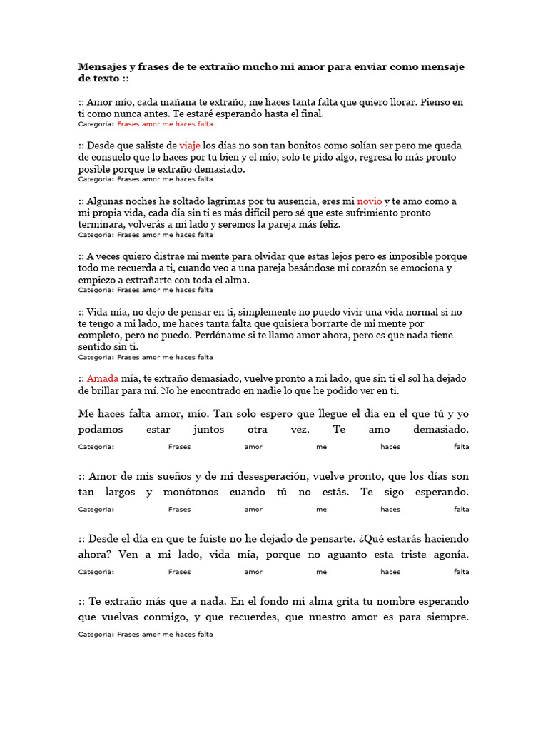 Mensajes y Frases de Te Extraño Mucho Mi Amor para Enviar Como Mensaje de Texto | PDF | Amor