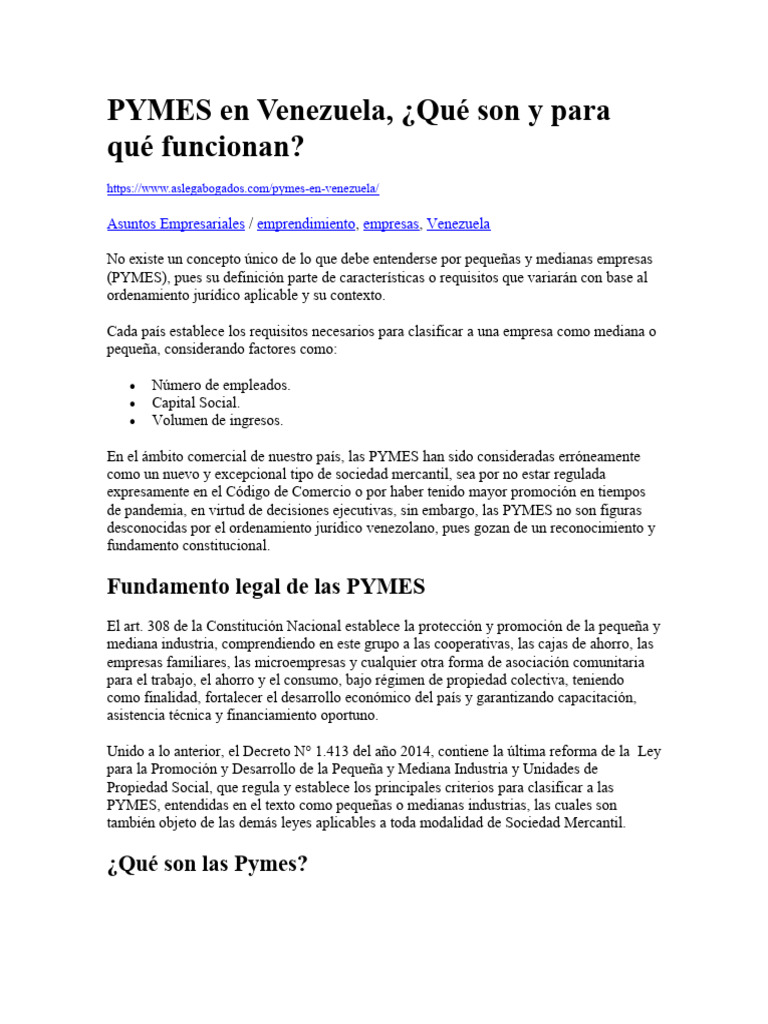 PYMES en Venezuela: Definición y Requisitos | PDF | Pequeñas y medianas ...