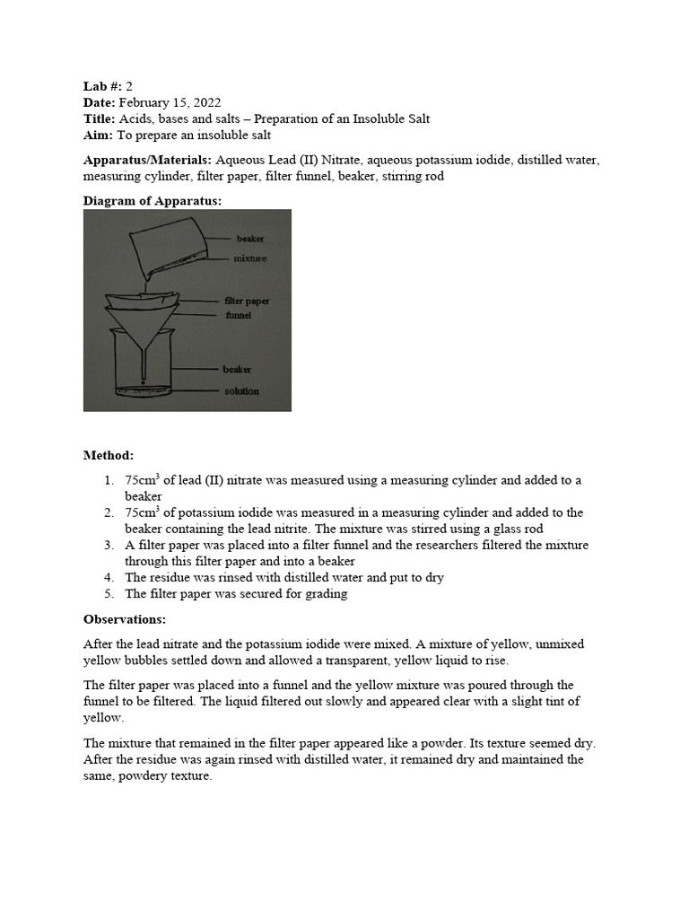 Lab #2 - Acids, Bases and Salts - Preparation of An Insoluble Salt | PDF