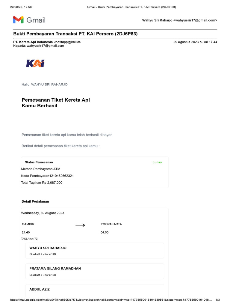 Gmail - Bukti Pembayaran Transaksi PT. KAI Persero (2DJ6P83) | PDF