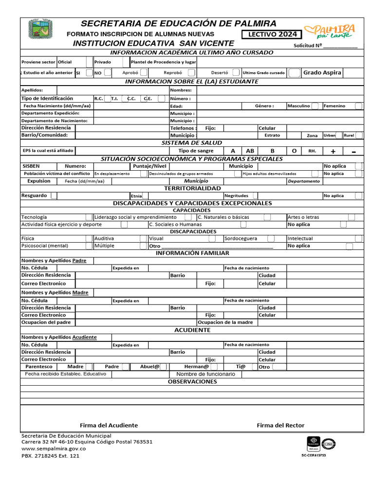 Formulario de Inscripción Ie San Vicente | PDF