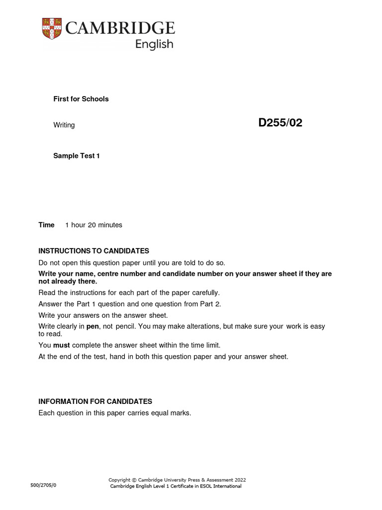 B2 First For Schools Sample Paper 1 Writing 2022 | PDF