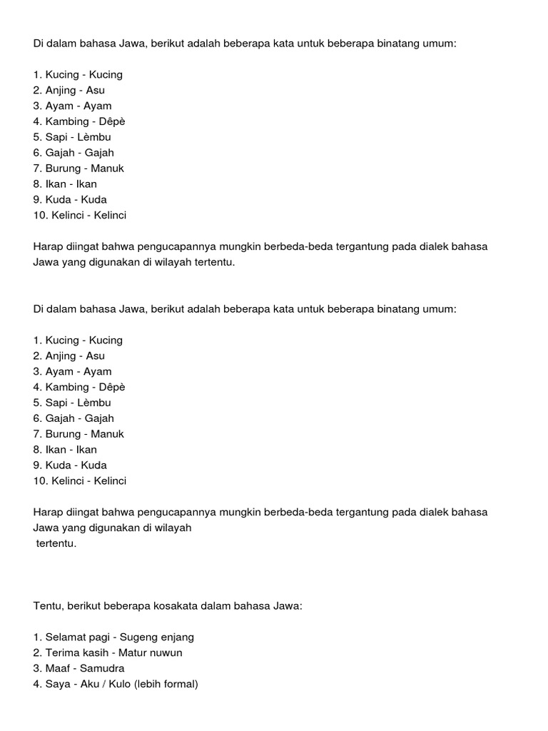 Kosa Kata Bahasa Jawa | PDF