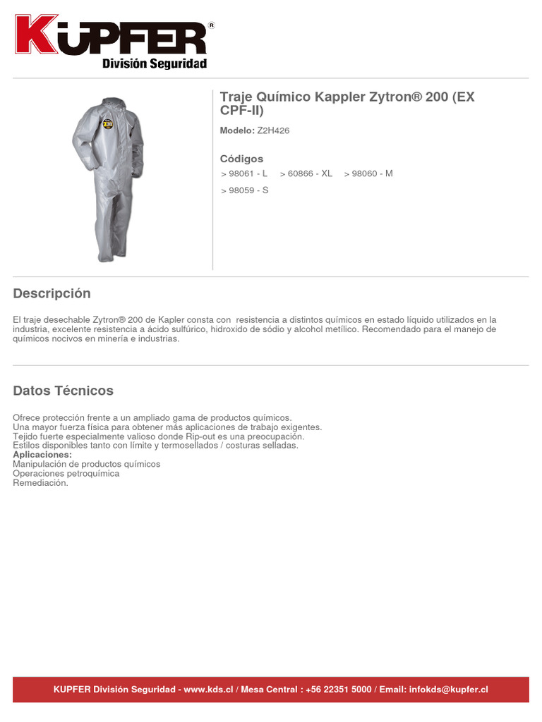 Ficha Producto Traje Quimico Kappler Zytron 200 Ex CPF II 98059 | PDF