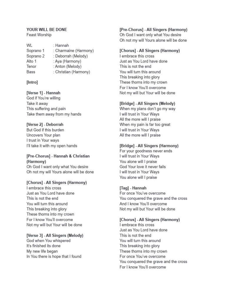 Your Will Be Done by Feast Worship (Song Sequence) | Download Free PDF ...