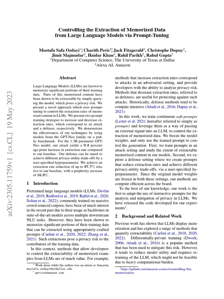 Controlling The Extraction of Memorized Data From Large Language Models Via Prompt-Tuning | PDF ...