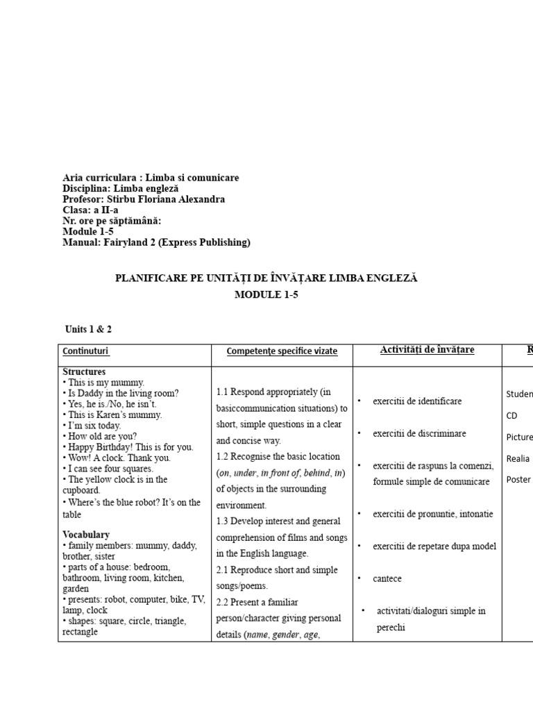 22-23 Planificare Pe Unitati de Invatare - Comunicare in Limba Moderna Engleza Cls. A II-a ...