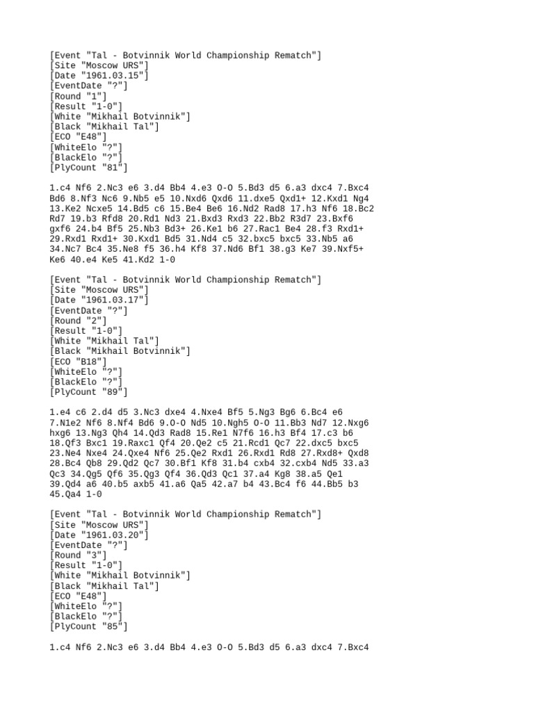 Tal-Botvinnik WCC Rematch (Moscow 1961) | PDF | Traditional Games ...
