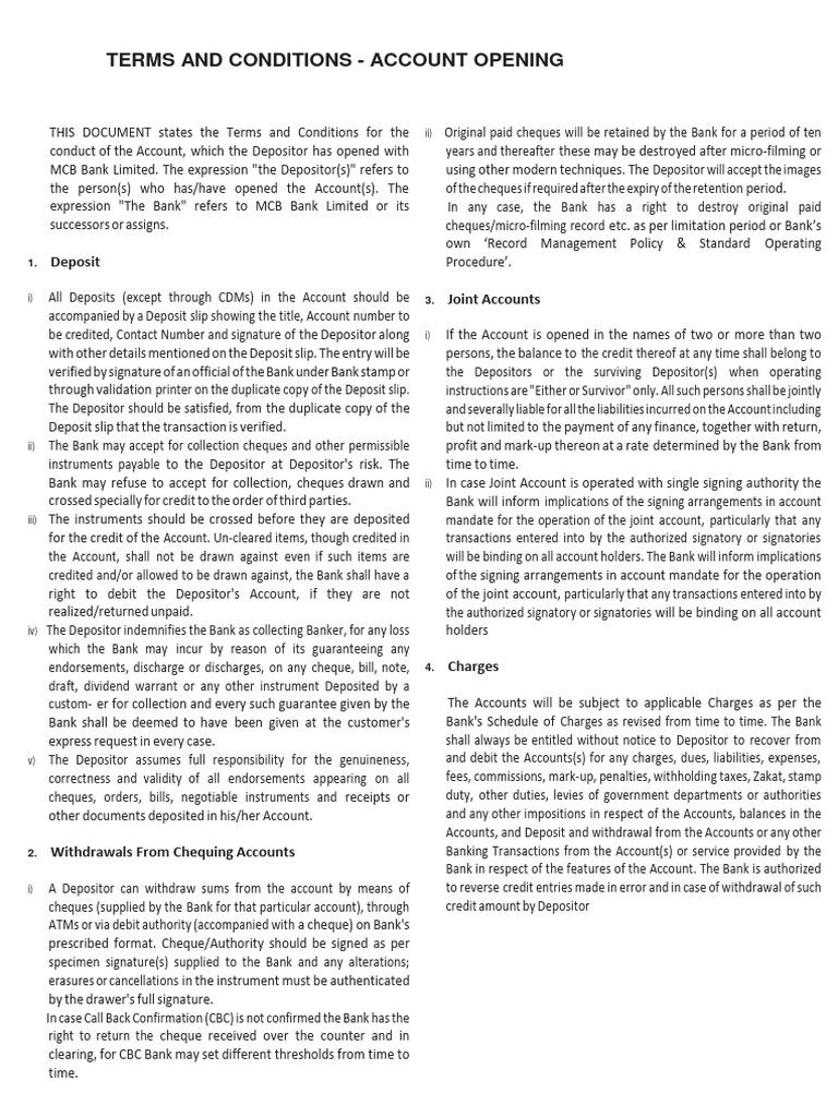 Account Opening Terms & Conditions | PDF | Banks | Cheque