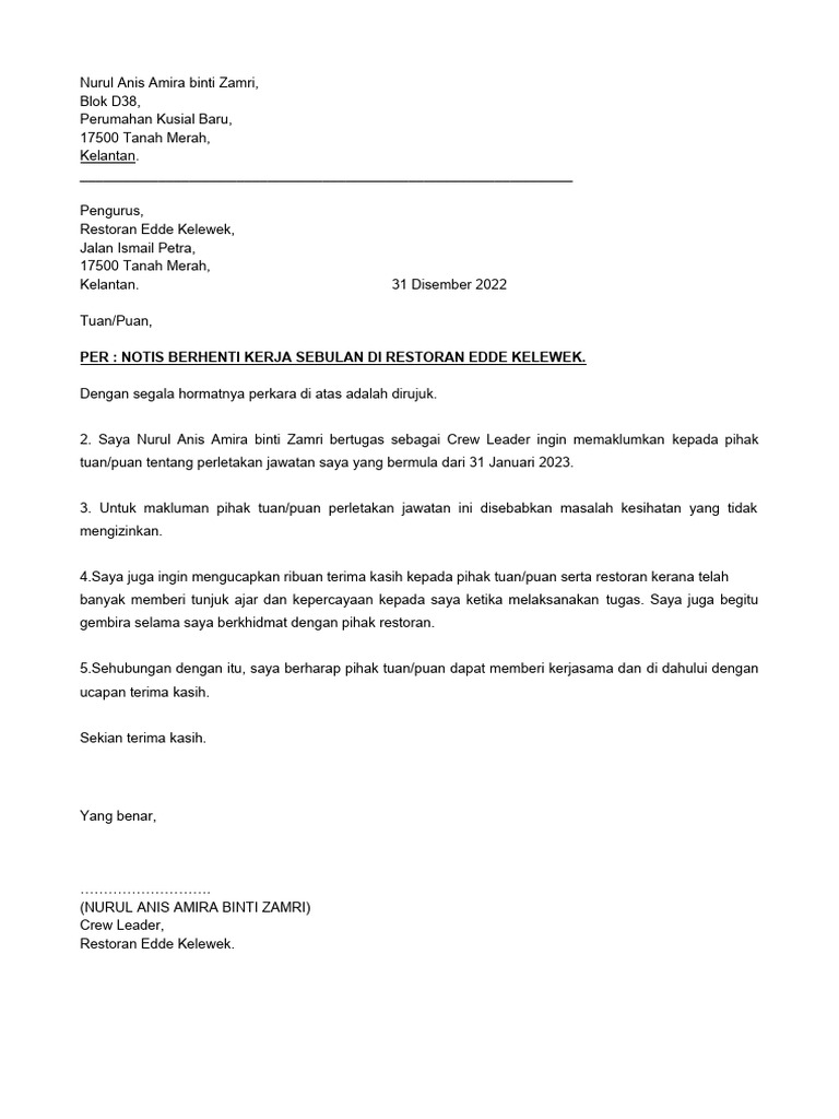 Contoh Surat Berhenti Kerja Hotel Dengan Notis Sebulan 2 Pdf