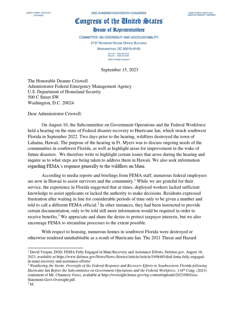 Letter To FEMA Re Lahaina Fire Response | PDF | Federal Emergency ...