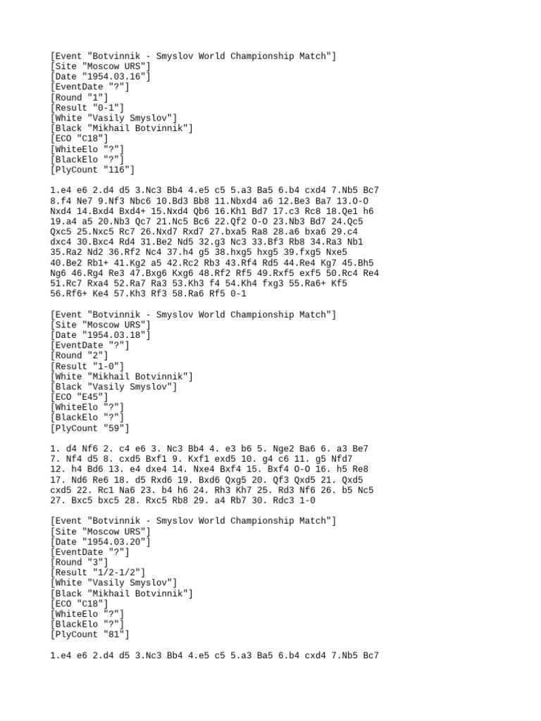 Botvinnik-Smyslov 1954 Match Games | PDF | Chess Competitions ...