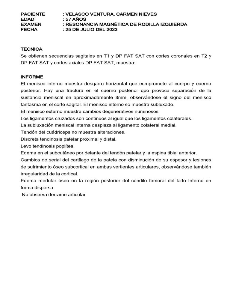 Informe de Resonancia de Rodilla Izquierda | PDF | Ciencias sociales